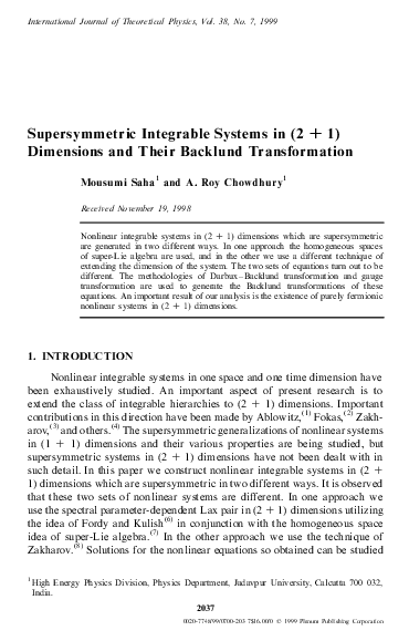 (PDF) Supersymmetric Integrable Systems in (2 + 1) Dimensions and Their ...