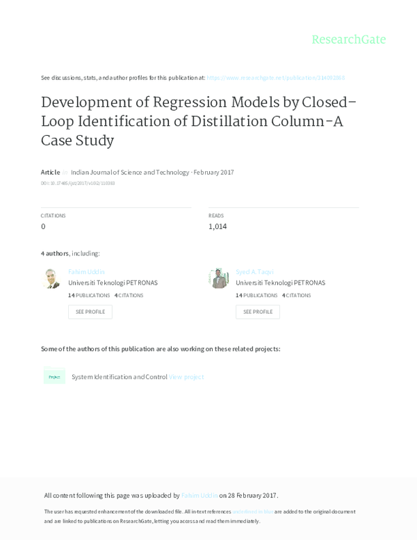 (PDF) Development of Regression Models by Closed– Loop Identification of Distillation Column-A ...