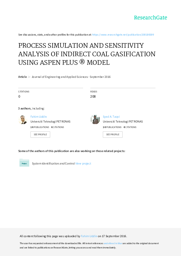 Pdf Process Simulation And Sensitivity Analysis Of Indirect Coal Gasification Using Aspen Plus