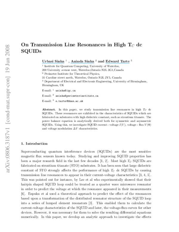 (PDF) On transmission line resonances in high T C dc SQUIDs