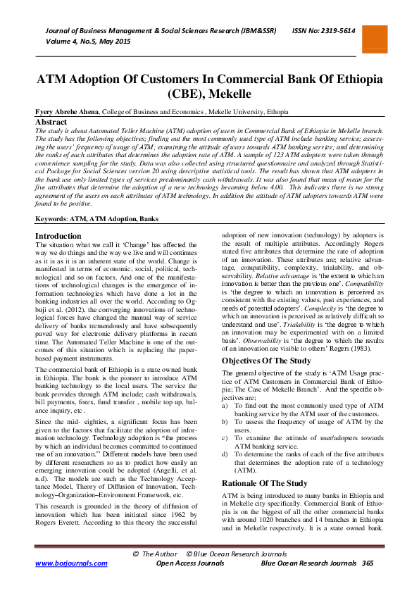 (PDF) ATM Adoption Of Customers In Commercial Bank Of Ethiopia (CBE ...