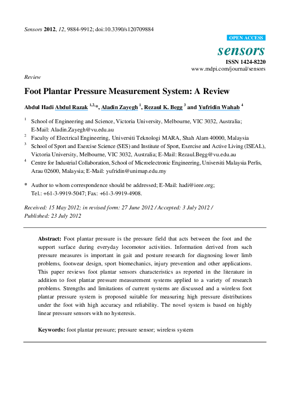 (PDF) Foot Plantar Pressure Measurement System: A Review