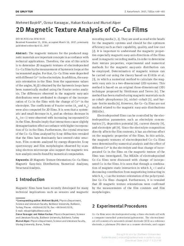 (PDF) 2D Magnetic Texture Analysis of Co–Cu Films | Hakan Köçkar and ...
