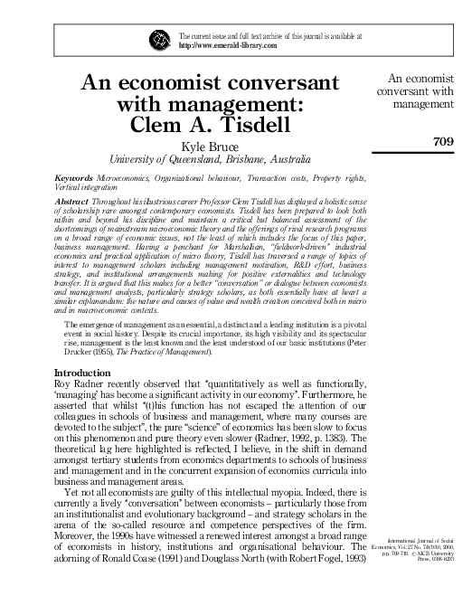 (PDF) Clem A. Tisdell: Bridging Economics and Management