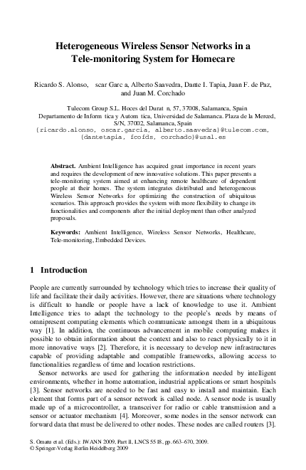 (PDF) Heterogeneous Wireless Sensor Networks in a Tele-monitoring System for Homecare