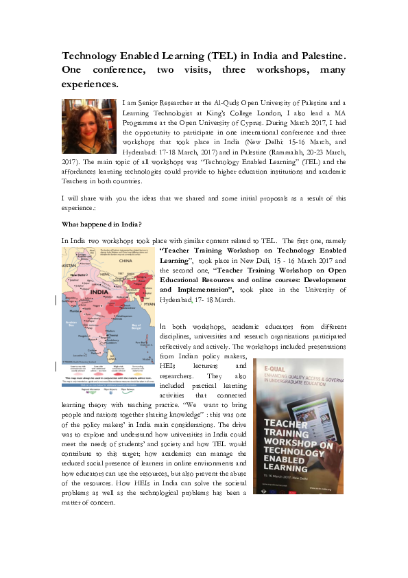 (PDF) Technology Enabled Learning (TEL) in India and Palestine. One conference, two visits ...