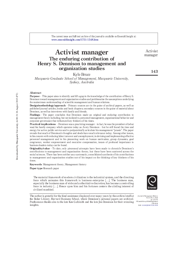 (PDF) Activist manager : the enduring contribution of Henry S. Dennison ...