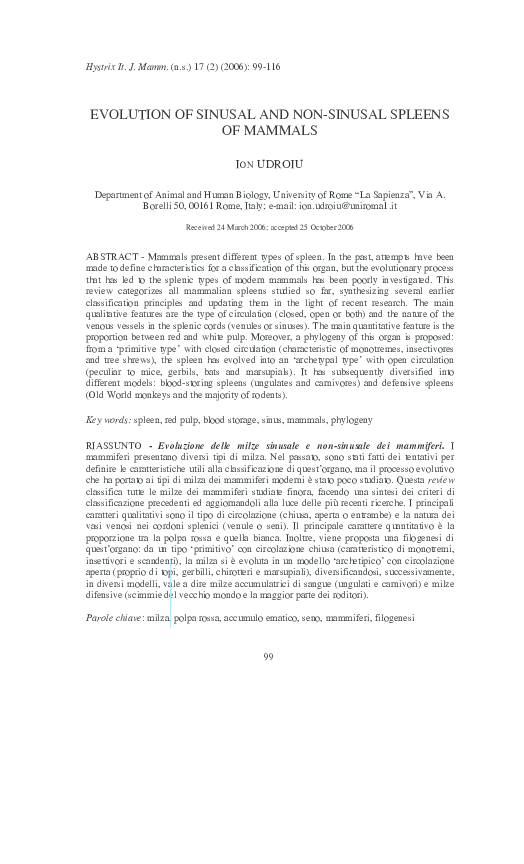 (PDF) Evolution of sinusal and non-sinusal spleens of Mammals | Ion ...