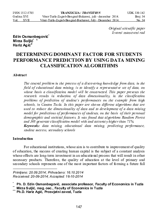 (PDF) DETERMINING DOMINANT FACTOR FOR STUDENTS PERFORMANCE PREDICTION BY USING DATA MINING ...