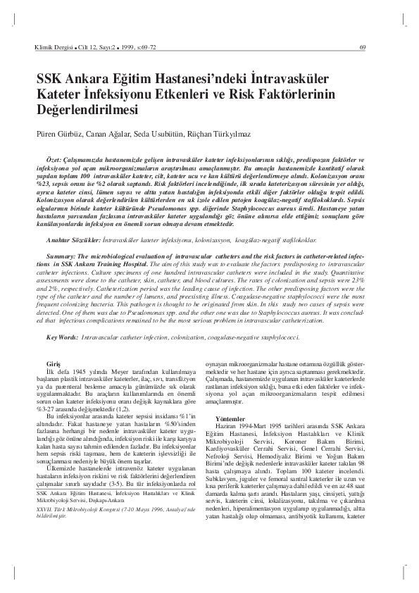 (PDF) SSK Ankara Eğitim Hastanesindeki Intravaskü ler Kateter İnfeksiyonu Etkenleri ve Risk Fakt ...