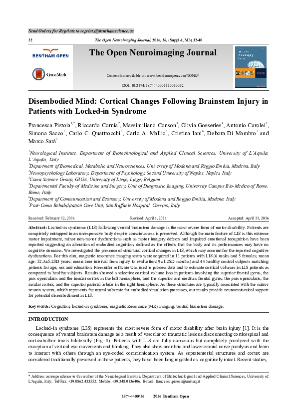 (PDF) Disembodied Mind: Cortical Changes Following Brainstem Injury in ...