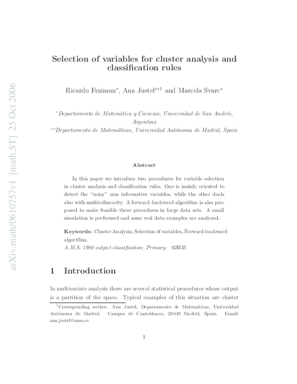 Pdf Selection Of Variables For Cluster Analysis And Classification Rules
