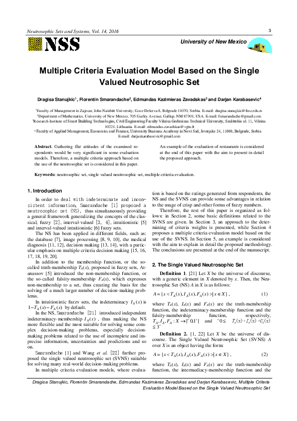Pdf Multiple Criteria Evaluation Model Based On The Single Valued Neutrosophic Set