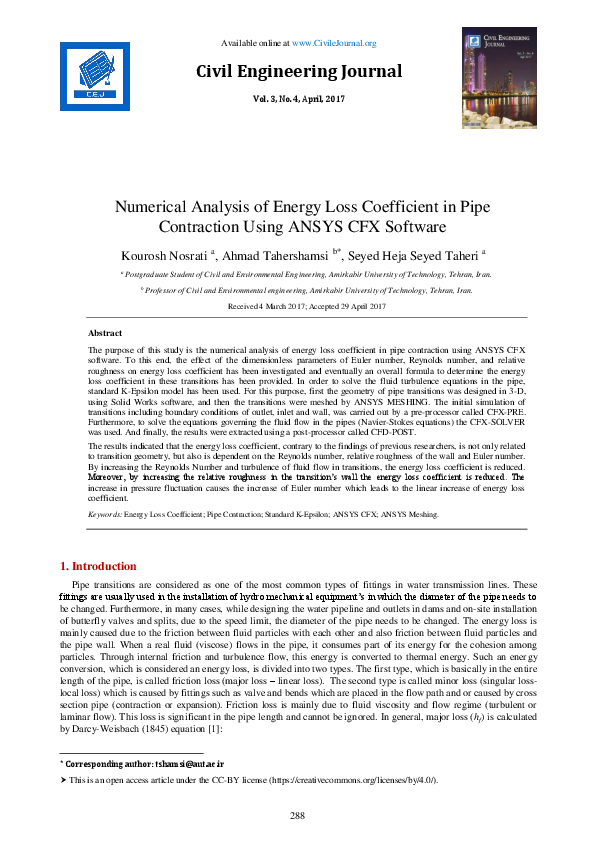 (PDF) Numerical Analysis of Energy Loss Coefficient in Pipe Contraction ...