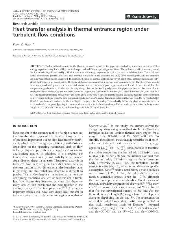 (PDF) Heat transfer analysis in thermal entrance region under turbulent flow conditions