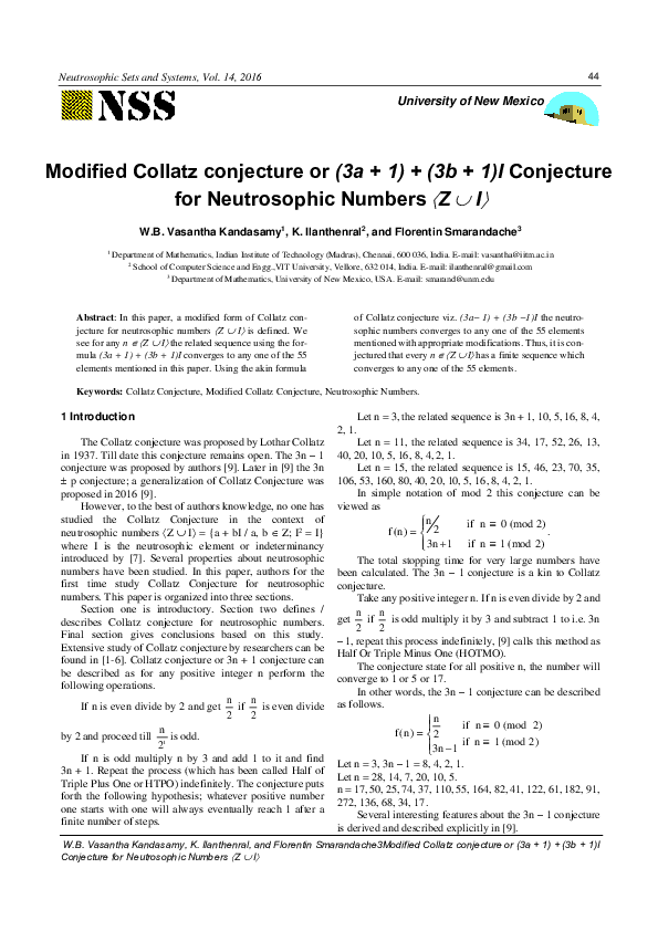 (PDF) Modified Collatz conjecture or (3a + 1) + (3b + 1)I Conjecture for Neutrosophic Numbers ...