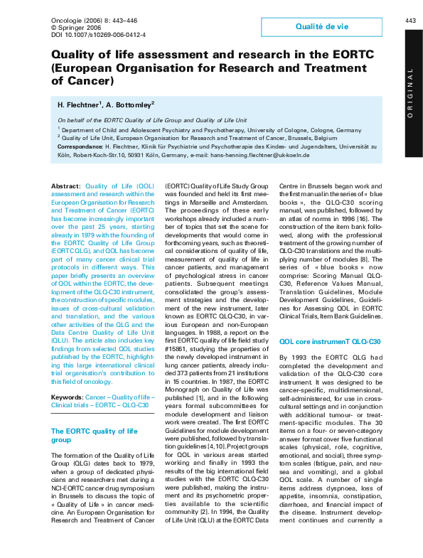 (PDF) Quality of life assessment and research in the EORTC (European Organisation for Research ...
