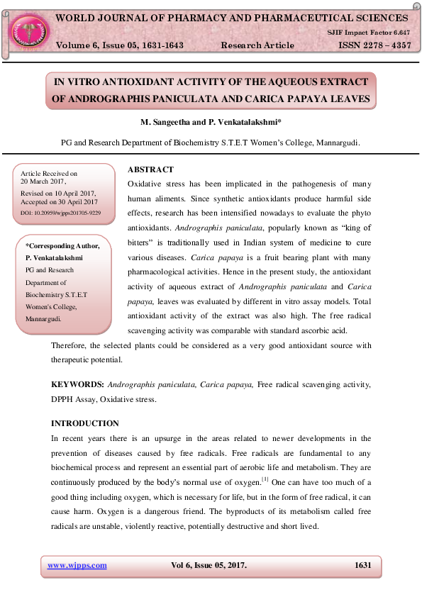 (PDF) IN VITRO ANTIOXIDANT ACTIVITY OF THE AQUEOUS EXTRACT OF ANDROGRAPHIS PANICULATA AND CARICA ...