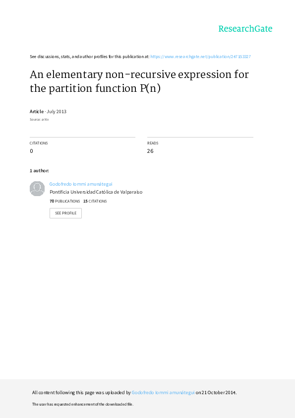 (PDF) An elementary non-recursive expression for the partition function P(n