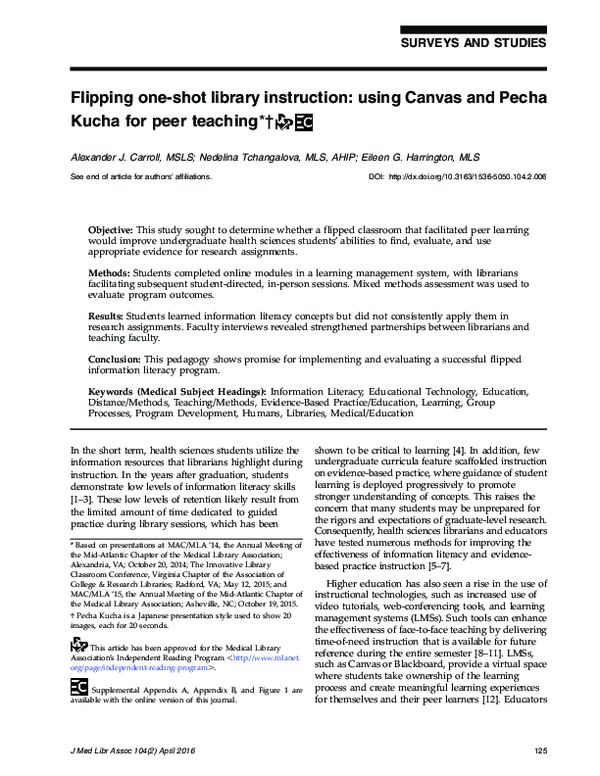 (PDF) Flipping one-shot library instruction: using Canvas and Pecha Kucha for peer teaching ...