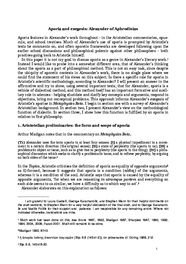 Pdf Aporia And Exegesis Alexander Of Aphrodisias
