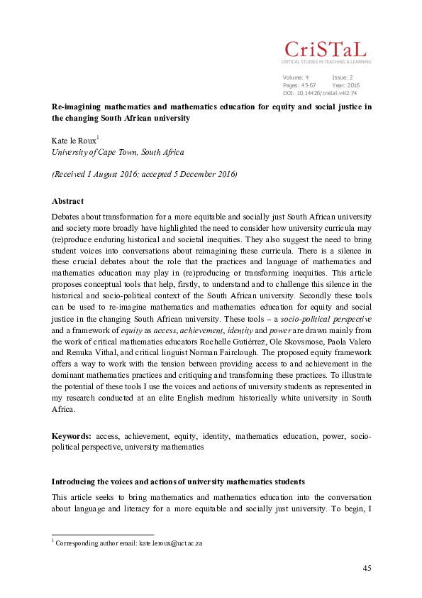 (PDF) Re-imagining mathematics and mathematics education for equity and ...