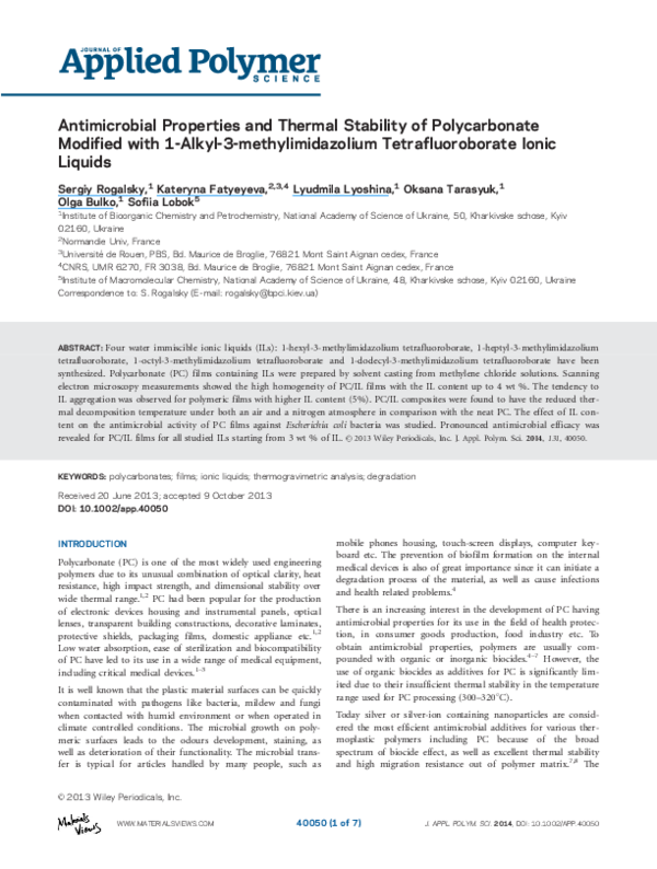 (PDF) Antimicrobial properties and thermal stability of polycarbonate modified with 1-alkyl-3 ...