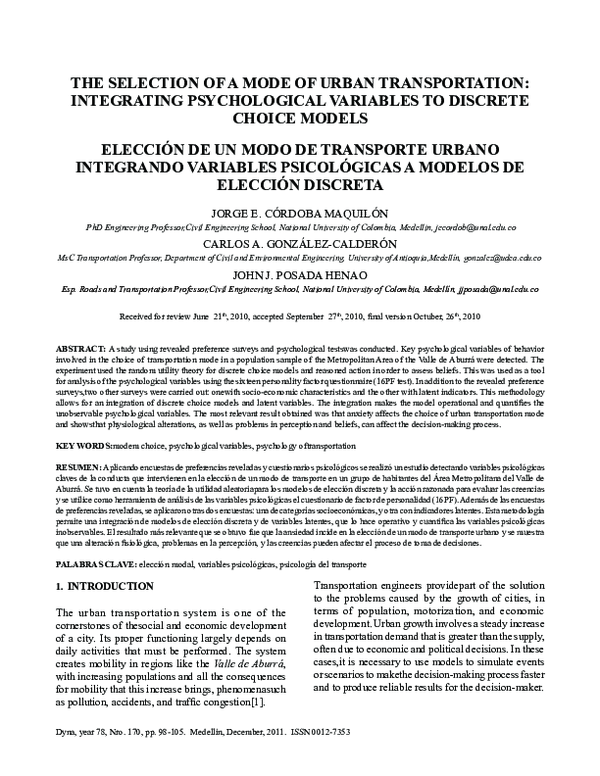 (PDF) The selection of a mode of urban transportation: Integrating ...