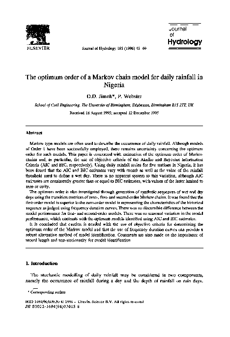 Pdf The Optimum Order Of A Markov Chain Model For Daily Rainfall In Nigeria