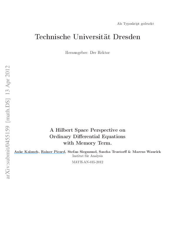 Pdf A Hilbert Space Perspective On Ordinary Differential Equations With Memory Term