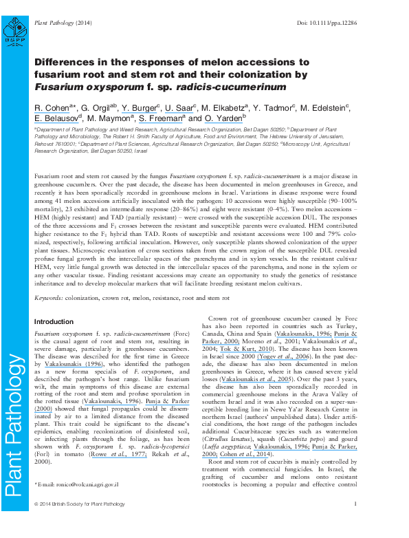 Pdf Differences In The Responses Of Melon Accessions To Fusarium Root