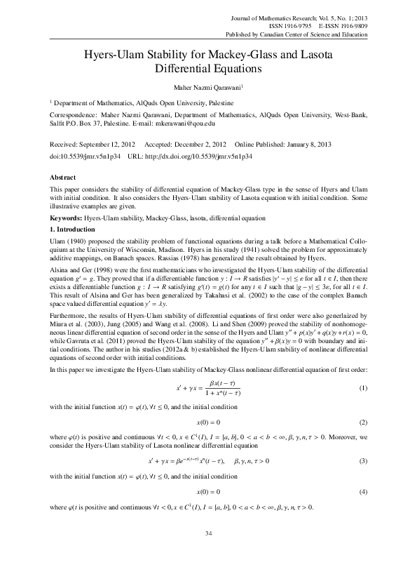 (PDF) Hyers-Ulam Stability for Mackey-Glass and Lasota Differential ...