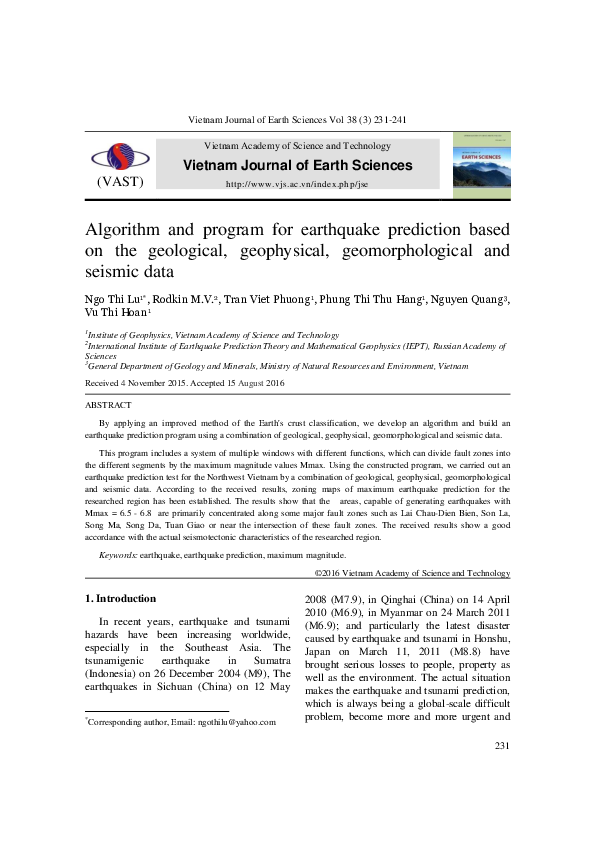 Pdf Algorithm And Program For Earthquake Prediction Based On The