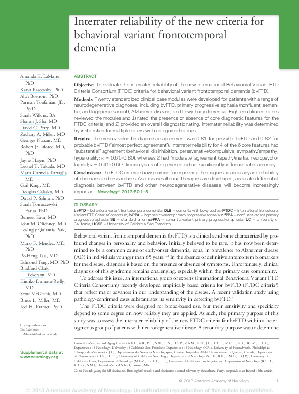 (PDF) Interrater reliability of the new criteria for behavioral variant frontotemporal dementia