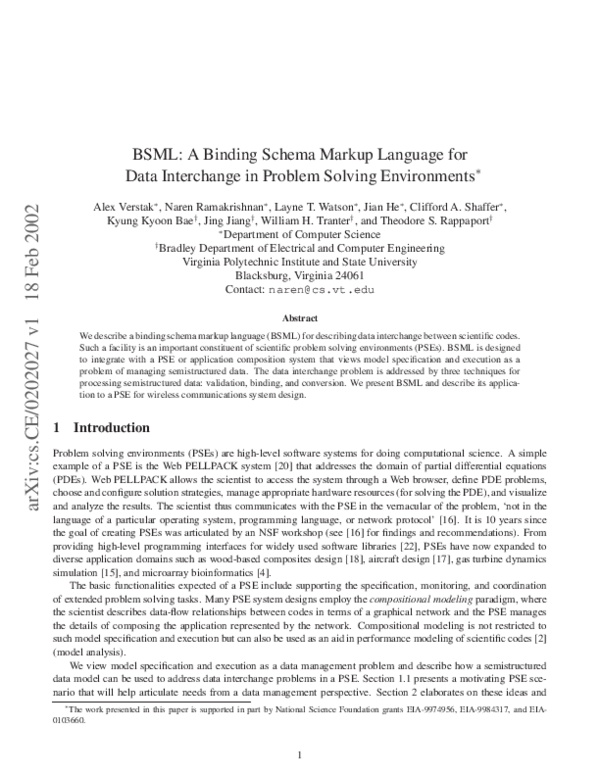 (PDF) BSML: A Binding Schema Markup Language for Data Interchange in Problem Solving Environments