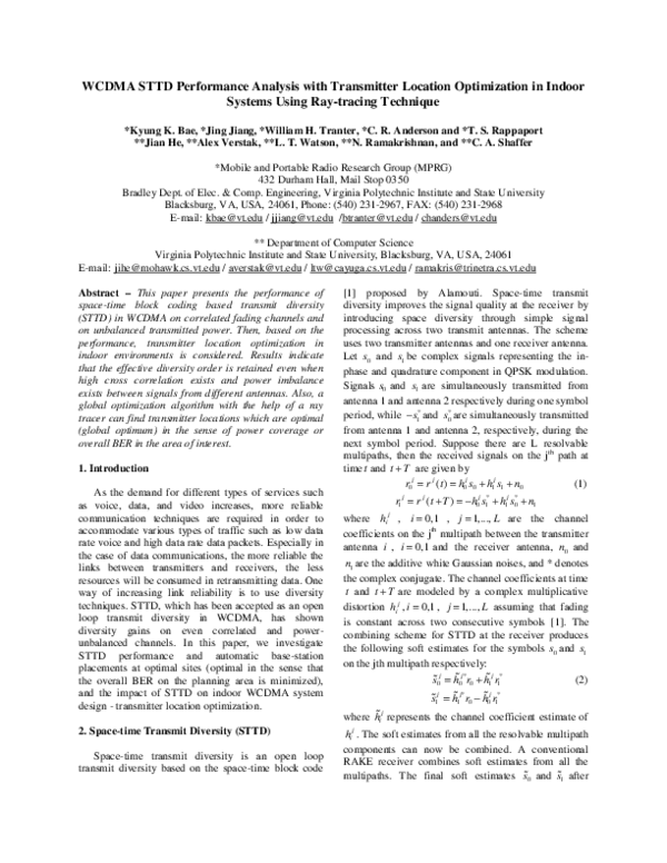 Pdf Wcdma Sttd Performance Analysis With Transmitter Location Optimization In Indoor Systems
