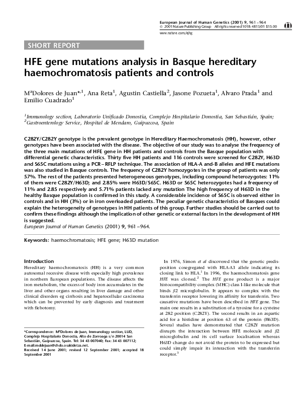 (PDF) HFE gene mutations analysis in Basque hereditary haemochromatosis ...
