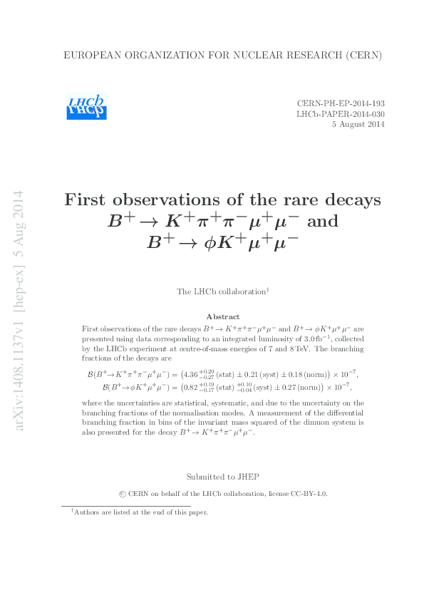 (PDF) First observations of the rare decays $B^+\!\rightarrow K^+\pi ...