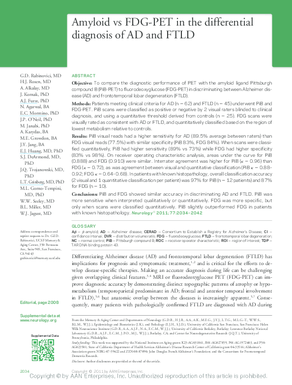 (PDF) Amyloid vs FDG-PET in the differential diagnosis of AD and FTLD