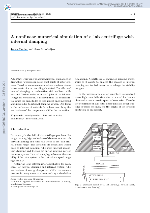 Pdf A Nonlinear Numerical Simulation Of A Lab Centrifuge With