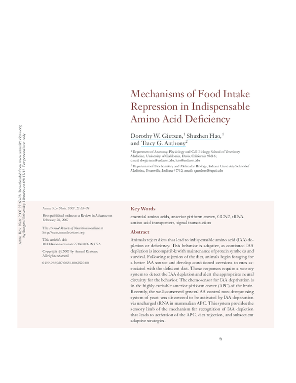 (PDF) Mechanisms of Food Intake Repression in Indispensable Amino Acid ...