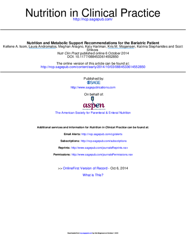 (PDF) Nutrition and Metabolic Support Recommendations for the Bariatric ...