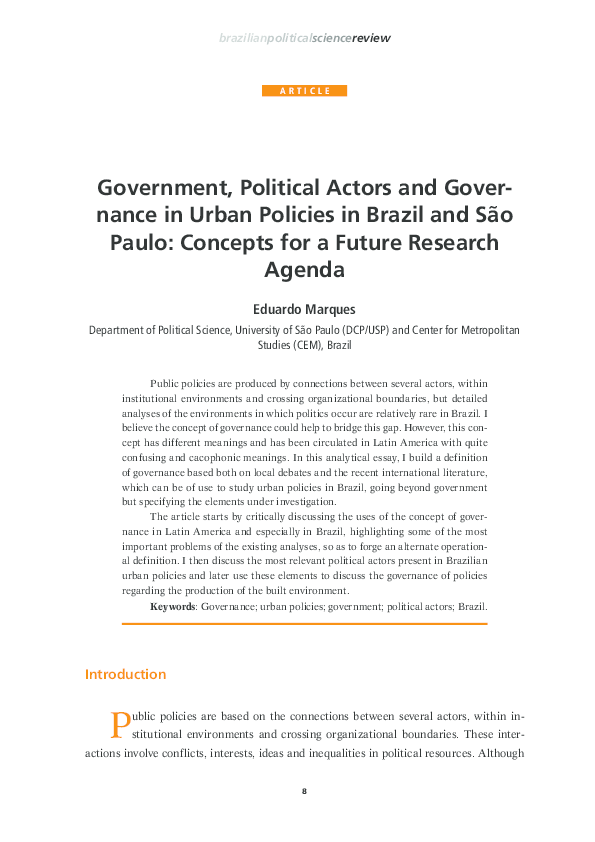 (PDF) Government, Political Actors and Gover- nance in Urban Policies ...