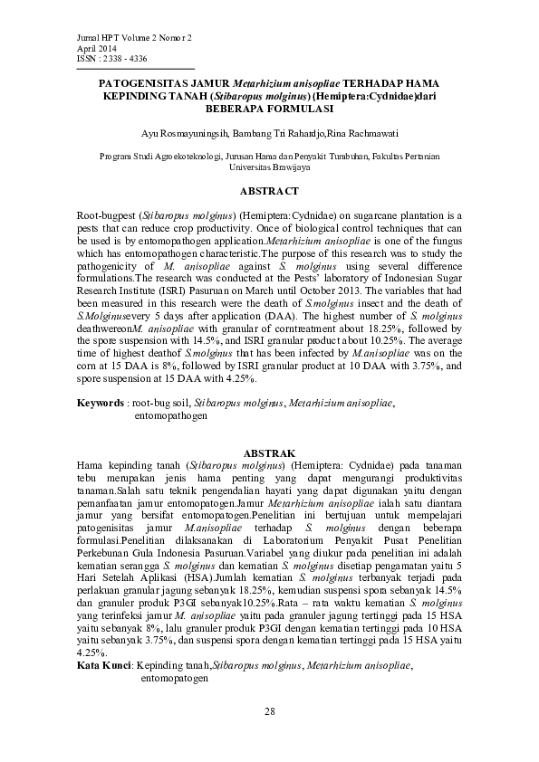 (PDF) PATOGENISITAS JAMUR Metarhizium anisopliae TERHADAP HAMA ...