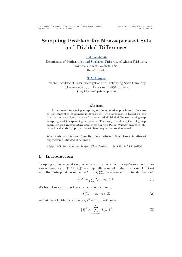 Pdf Sampling And Interpolation Problems For Vector Valued Signals In