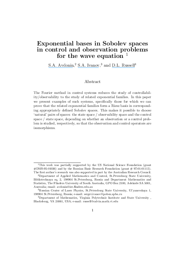Pdf Exponential Bases In Sobolev Spaces In Control And Observation Problems For The Wave Equation