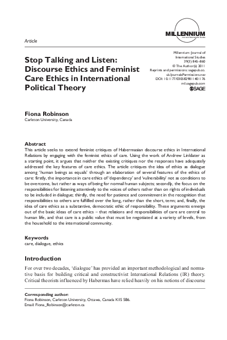 (PDF) Stop Talking and Listen: Discourse Ethics and Feminist Care ...