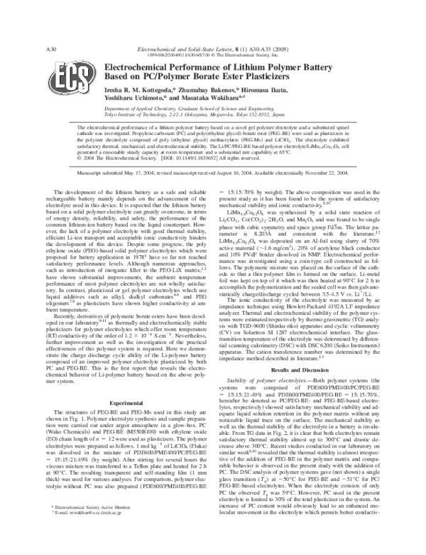 (PDF) Electrochemical Performance of Lithium Polymer Battery Based on PCÕPolymer Borate Ester ...