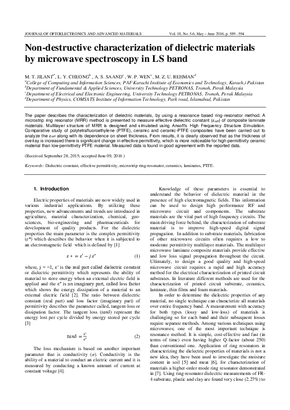 (PDF) Non-destructive characterization of dielectric materials by microwave spectroscopy in LS band