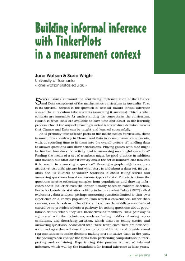 (PDF) Building informal inference with TinkerPlots in a measurement context | Jane Watson ...